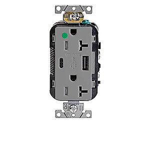 Leviton T5833-HGG Heavy-Duty Hospital Grade, Tamper Resistant, Type A-C USB Charger Receptacles, 20 Amp, Gray