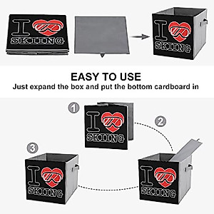 I Love Skiing Foldable Storage Bins Printd Fabric Cube Baskets Boxes with Handles for Clothes Toys, 11x11x11