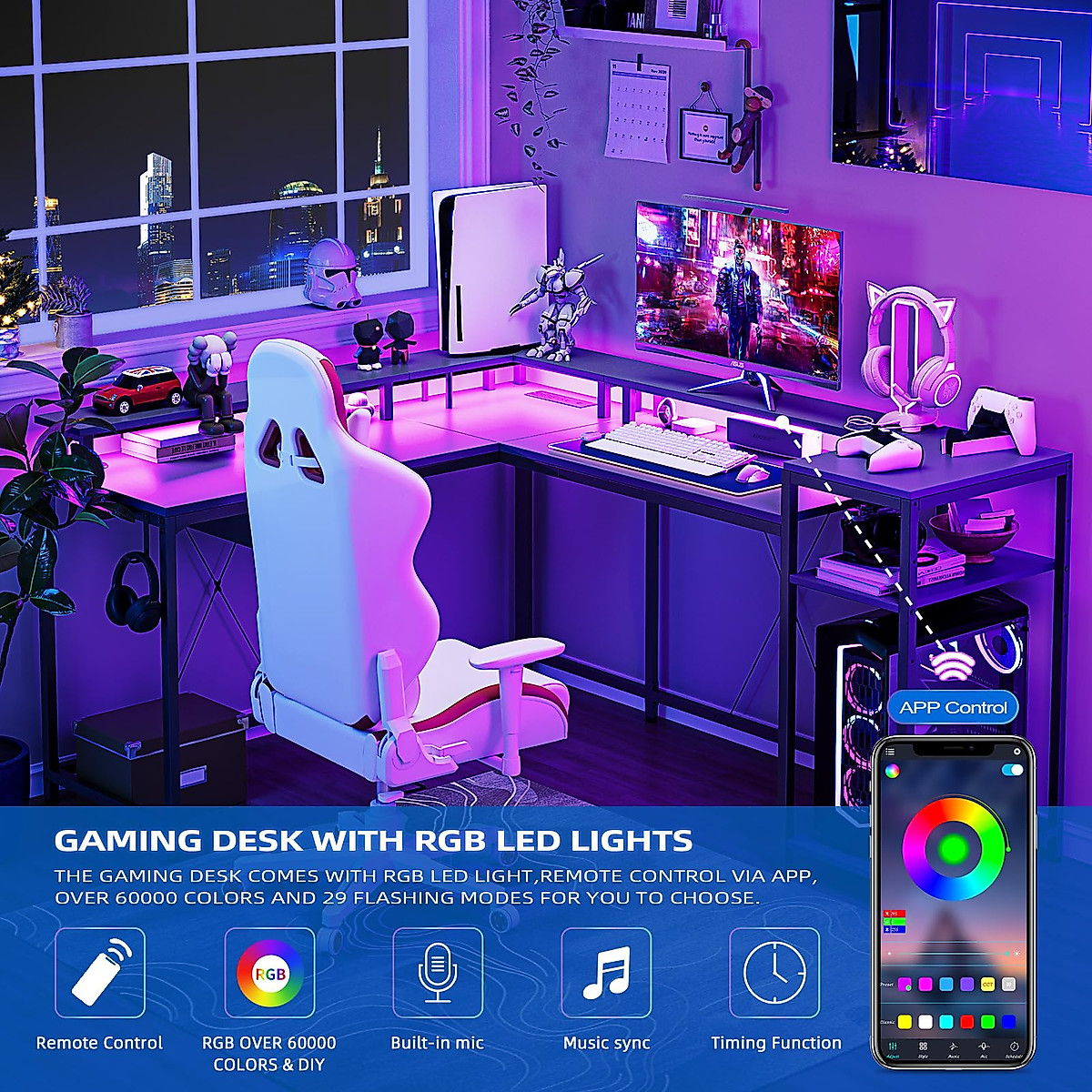 Jojoka 68" L Shaped Gaming Desk, Computer Desk with Power Outlets & LED Lights, Home Office Desk with File Drawer, Corner Desk with Monitor Shelf and Hook, Two Person Desk (Black)