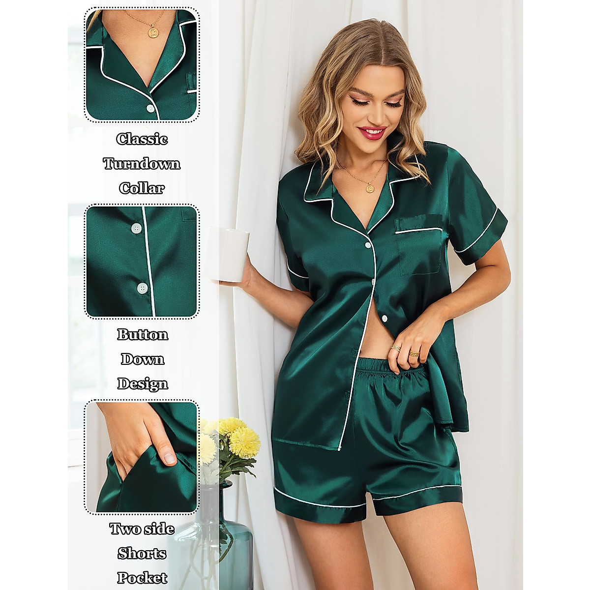 Gepansis Womens Summer Pajamas Sets Silky Satin Pj Set Button Down Short Sleeve Sleepwear Sets Dark Green X-Large
