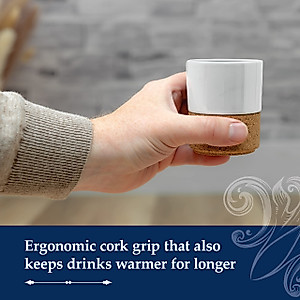 White Double Espresso Cups Set of 4 - Removable Cork Insulating Base Ceramic Coffee Cup Mug 4oz with Removable Cork Sleeve - Stackable - Handleless