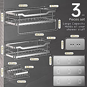 TOPCHASE Shower Caddy Shower Organizer, Adhesive Shower Shelves for Inside Shower, 3 Pack Bathroom Shampoo Holder With Soap Dish, Hooks, Large Shower Wall Organization Basket, Silver