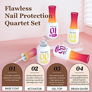 Modelones 4+4 Pcs Dip Powder Liquid Set, Dipping Powder System Set with Base Coat/Top Coat/Activator/Brush Saver/Manicure Tools for Nail Art DIY Salon
