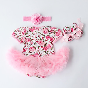 Baby Girls 3 Piece Sets Romper Dress Shoes and Headband Rose Flower Outfits Clothes Pink S:3-6Months