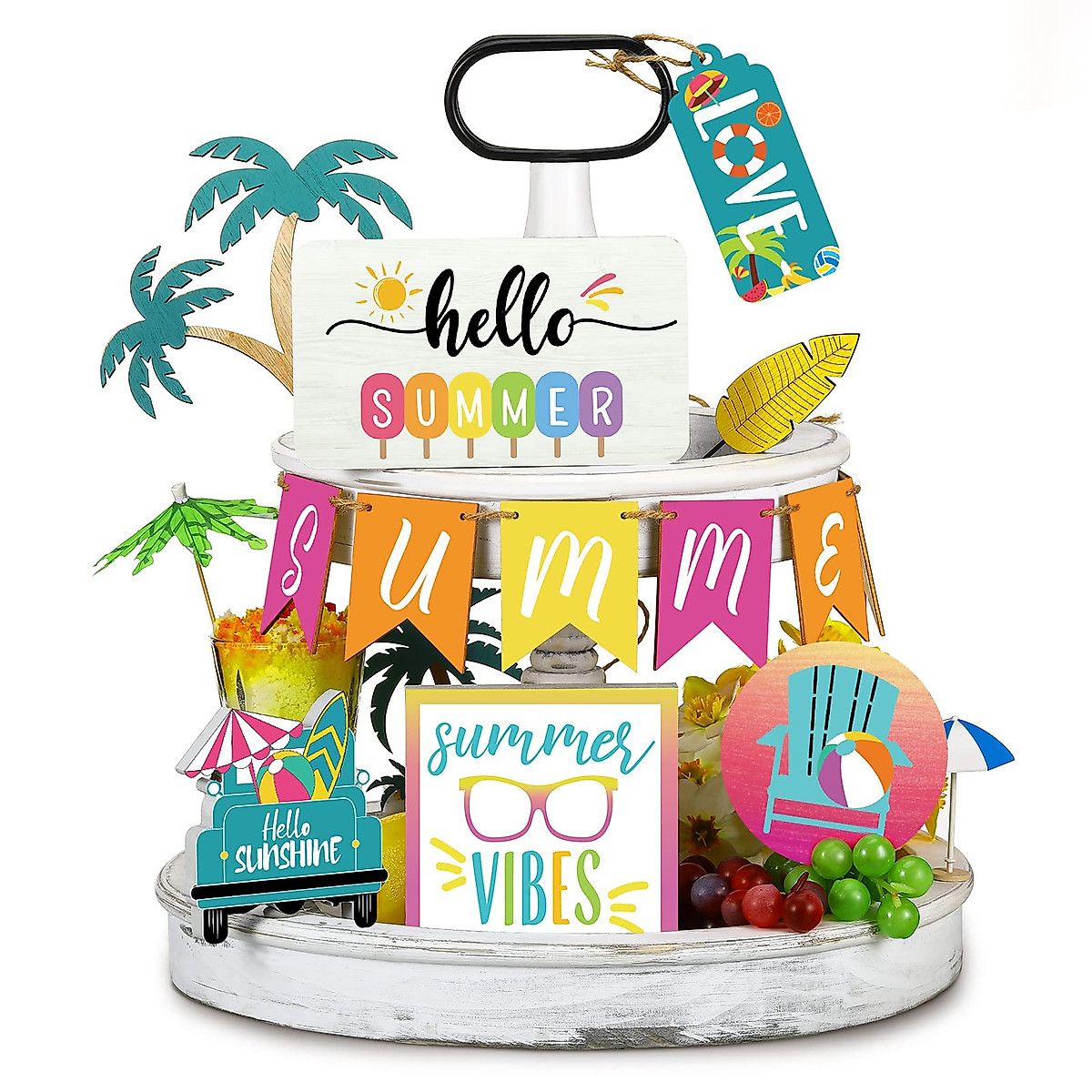 11 Pieces Summer Hawaii Tiered Tray Decor Set Summer Wood Sign Rustic Farmhouse Decor Summer Beach Sunshine Tiered Tray Decorative Trays Signs for Summer Beach Table Home Holiday(Summer Style)