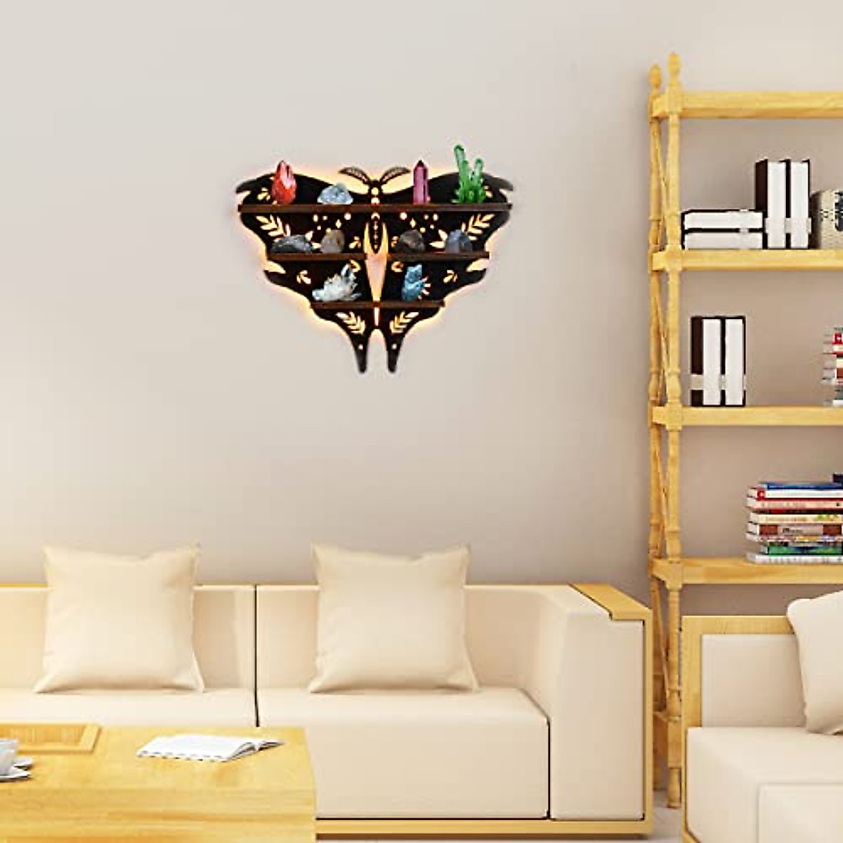 flangairy Crystal Display Shelf Wooden Gem Healing Stone Altar Holder Shelves Hanging Rock Storage Essential Oils Meditation Trinket Sheld Collection Case Wall (Luna Moth)