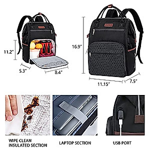 EMPSIGN Lunch Backpack for Women & Men, 15.6 Inch Laptop Backpack Cooler Bag with USB Port & Insulated Lunch Box, Waterproof Light Weight Diaper Bag for Travel School Work-Black