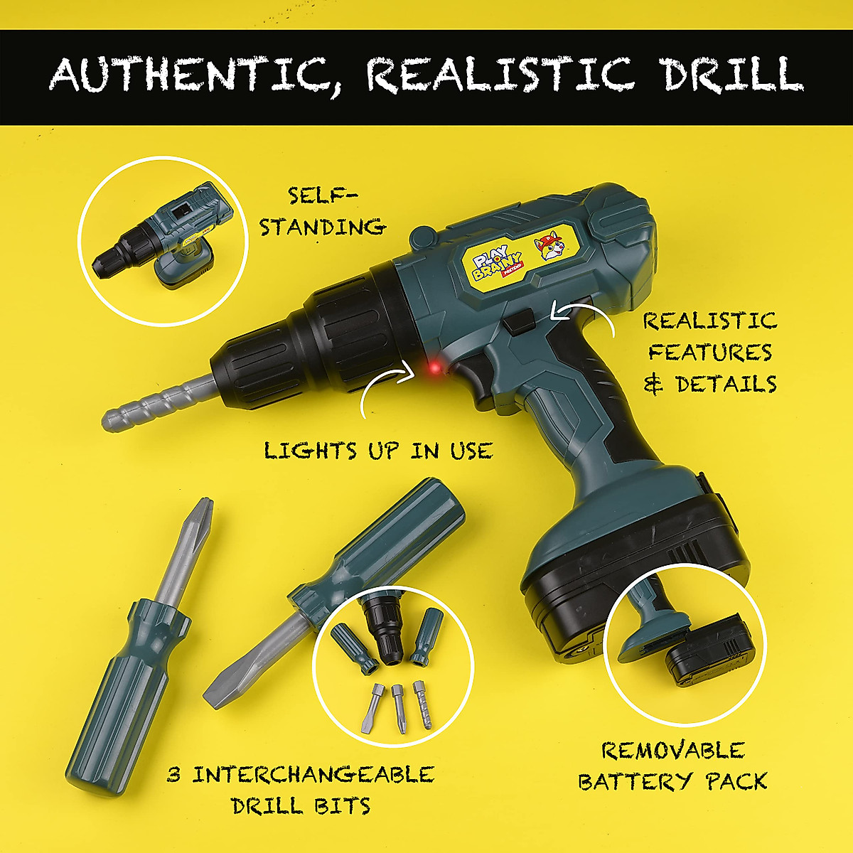 Play Brainy Pretend Kids Tool Kit with Toolbox, Heavy-Duty Plastic Electric Drill, Wrenches, Hammer, Screws, and Faux Wood Toys, Educational Early Learning Building and Construction (23 Pcs)