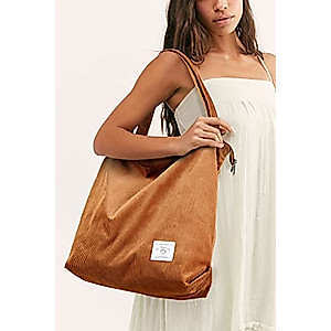 KALIDI Women Corduroy Tote Bag Large Shoulder Bag with Zipper Pockets Big Capacity Casual Handbags Shopping Bag for Girls, Brown