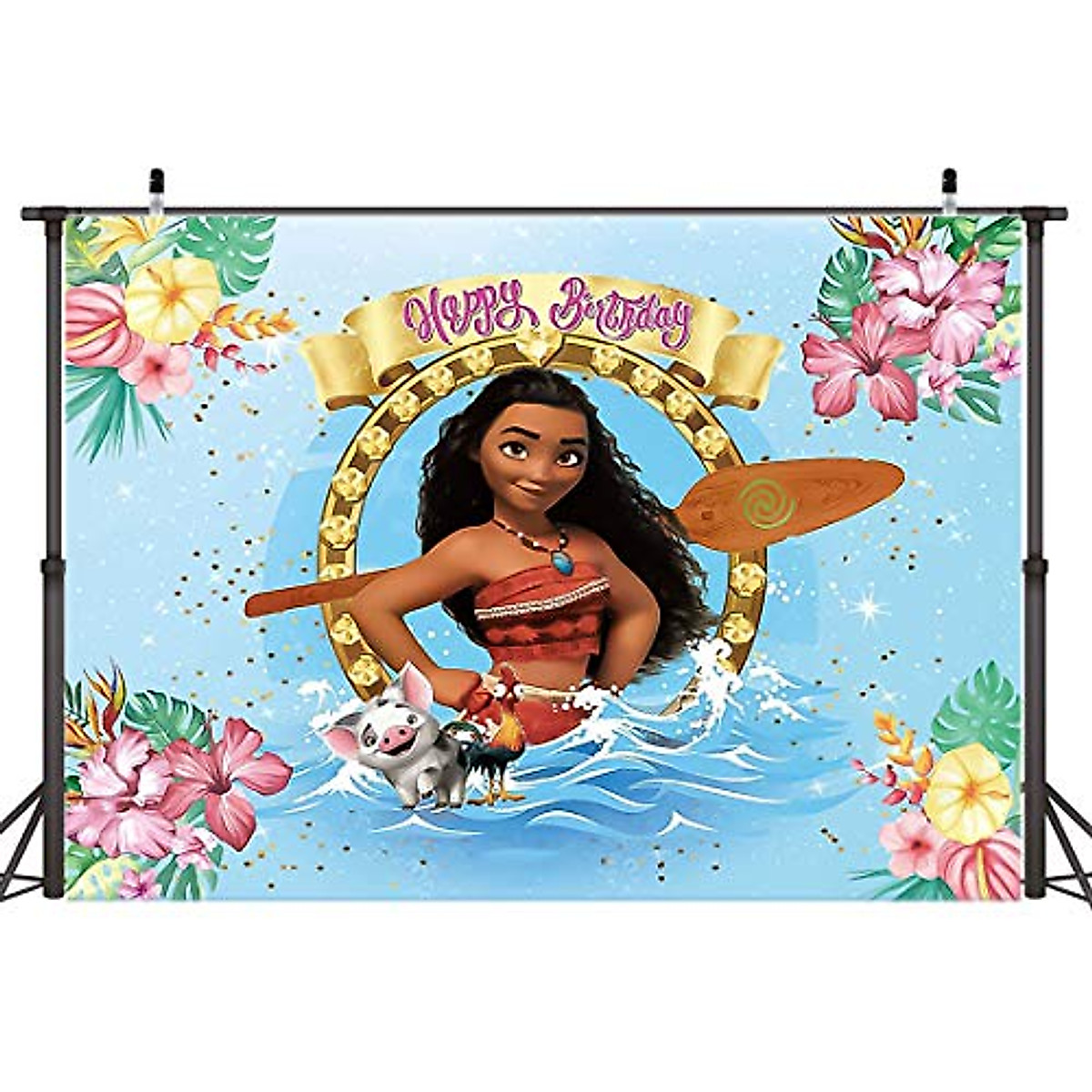 Summer Beach Baby Moana Theme Backdrops Pink Flowers Blue Water Girls 1St Birthday Party Photography Background Baby Shower Moana Cake Table Decoration Banner Photo Studio Props 5x3ft
