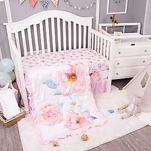 La Premura Baby Girl Crib Bedding Set for Girls, 4-Piece Nursery Crib Set Including Crib Sheet, Blanket, Crib Skirt and Pillow Cover, Watercolor Rose, Pastel Pink & Baby Blue