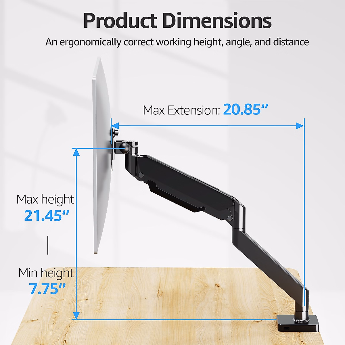 MOUNTUP Monitor Desk Mount Fits 22-42'' Heavy Duty Widescreen, Gas Spring Computer Monitor Stand for desk, Holds 4.4-33 lbs Larger Screen, Ultrawide Monitor Arm with USB, VESA Mount Clamp/Grommet Base
