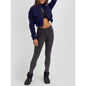 Fisoew Womens Cropped Jackets Casual Zip Up Long Sleeve Stand Collar Coat Outwear with Pockets Dark Blue