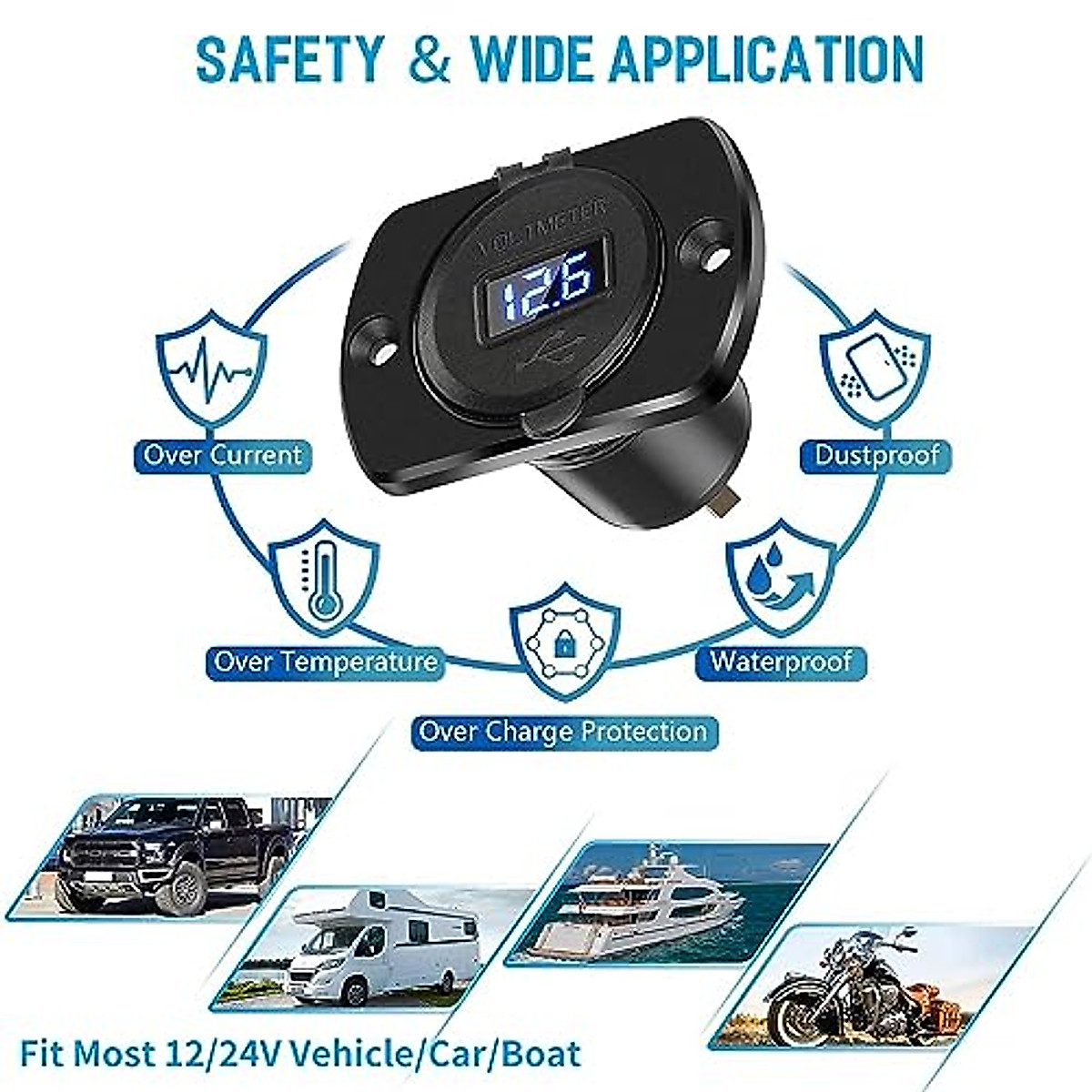 [Upgraded]2Pcs 12V/24V USB Outlet with Voltmeter& ON/Off Switch, Quick Charge 3.0 Dual USB Power Outlet, Waterproof Fast Charge USB Charger Socket DIY Kit for Car Boat Marine (2 Pack)