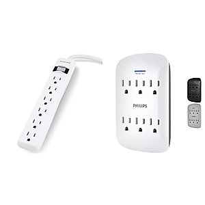 Philips 6-Outlet Surge Protector, 2 Ft Extension Cord & Surge Protector, Wall Tap, 900 Joules, Space Saving Design, 3-Prong, Protection Indicator LED Light, ETL Listed, White, SPP3461WA/37