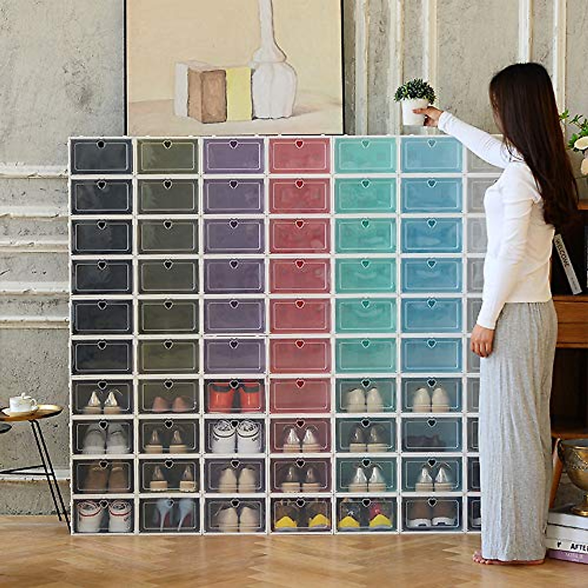 Shoe Box Organizer, Clear Flodable Shoe Storage Box with Lids Drop Front Sneaker Cases for Men Stackable Shoe Container Organizer for Entryway Bedroom Closets, Fits Men's Size 12, Pack of 12 (White)