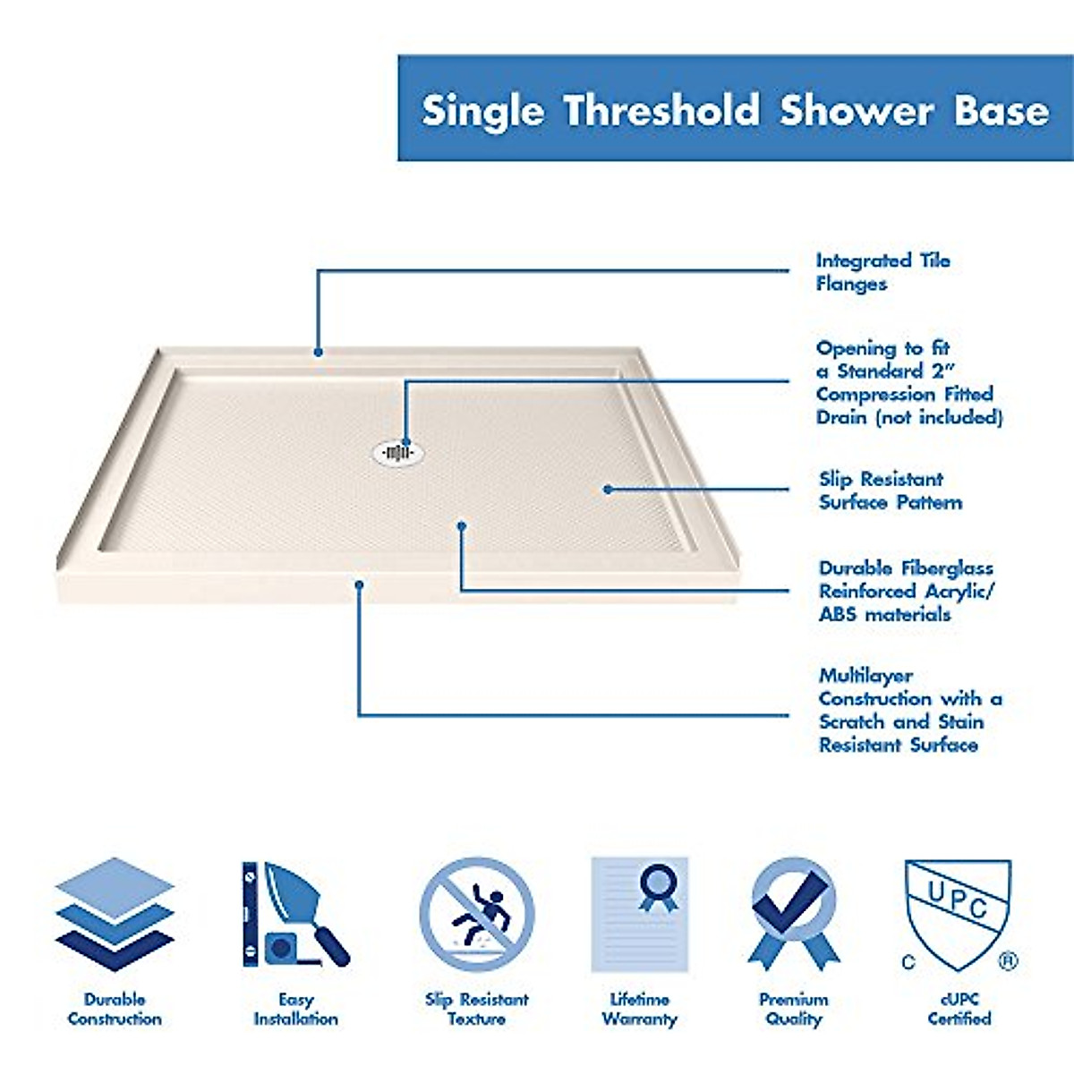 DreamLine SlimLine Single Threshold Shower Base in Biscuit | DLT-1136480-22