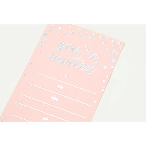 Invitation Cards - 24-Count 4" x 6" Baby Pink Invitation Cards ‘’You Are Invited’’ in Silver Foil with 26 Silver Foil Confetti Kraft Envelopes – For Wedding, Bridal Shower, Baby Shower, Birthday