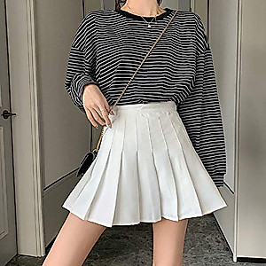 Girls Women’s High Waisted Pleated Skater Tennis Skirt School Uniform Skirts with Lining Shorts(Solid White,M)