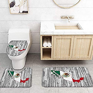 BestLives 4 Pcs Shower Curtain Sets with Rugs Mexican Flag Non-Slip Soft Toilet Lid Cover for Bathroom Mexico Map Eagle Totem Wood Grain Bathroom Sets with Bath Mat and 12 Hooks
