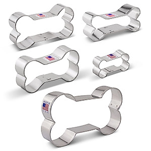 Dog Bone and Biscuit Dog Treat Cookie Cutters 5-Pc Set Made in USA by Ann Clark, 2", 3 1/8", 3 1/2", 4", 5"