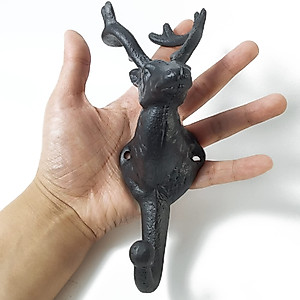 NSBELL 2PCS Rustic Heavy Duty Cast Iron Deer Head Hook Wall Antler Key Holder Hanging Towel Key Coat Rack Durable Iron Hanger Living Room Bathroom Room Kitchen Wall Decoration