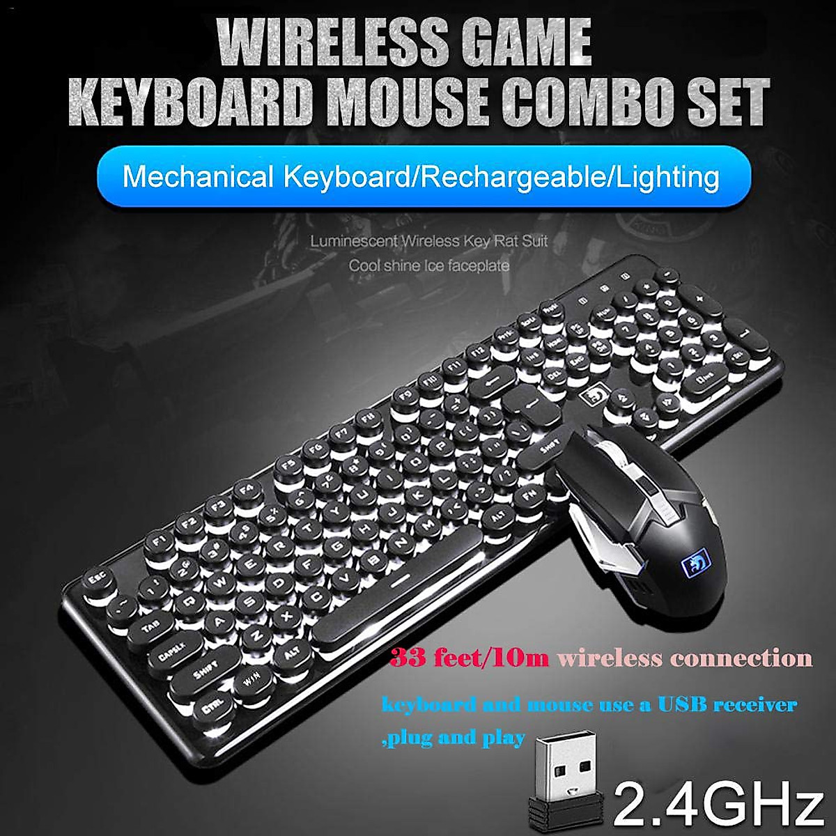 Gaming Keyboard and Mouse,Soke-Six 2.4G Wireless Retro Punk Typewriter-Style Backlit Keyboard Mice Combo,4800mAh Battery,Mechanical Feel,Anti-ghosting,Crystal Panel Round Keycaps (Black+White Light)