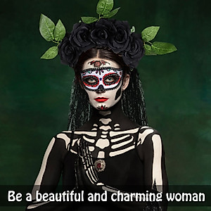 6 Pieces Day of the Dead Costumes for Women Halloween Crown Rose Floral Veil Headband Headpiece with Halloween Skull Face Temporary Tattoo Masquerade Mask for Costume Party (Black)