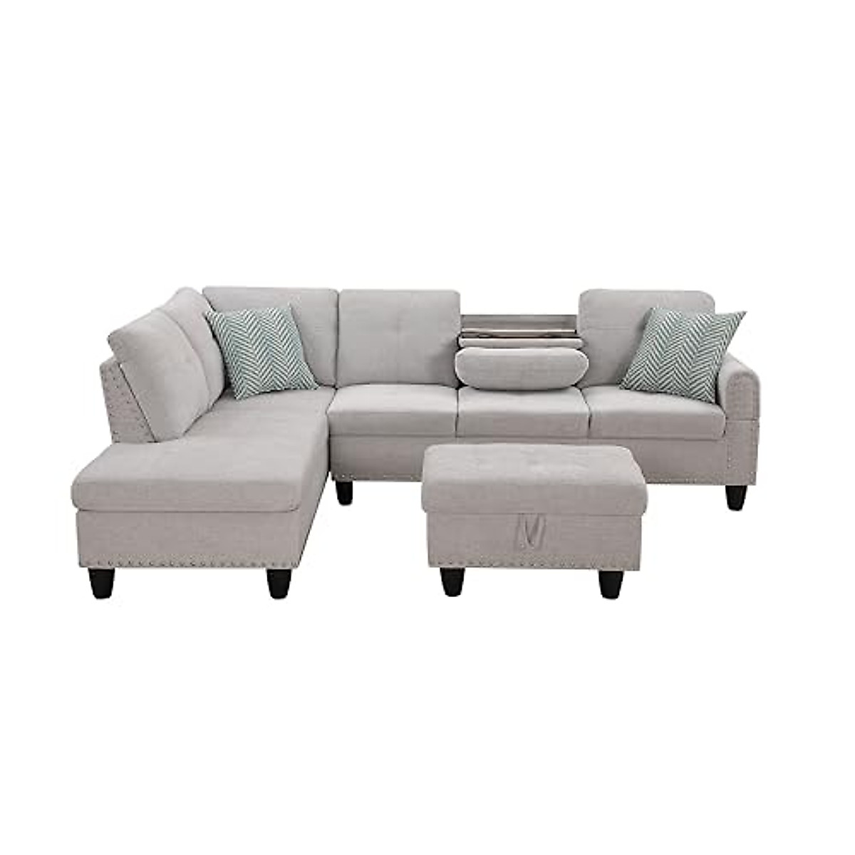 L-Shaped Modular Sectional Sofa Couch with Right Chaise, 5 Seaters Faux Leather Upholstered Corner Sofa&Couch W/2 Cup Holders and Storage Ottoman for Home Apartment Office Living Room Furniture Sets