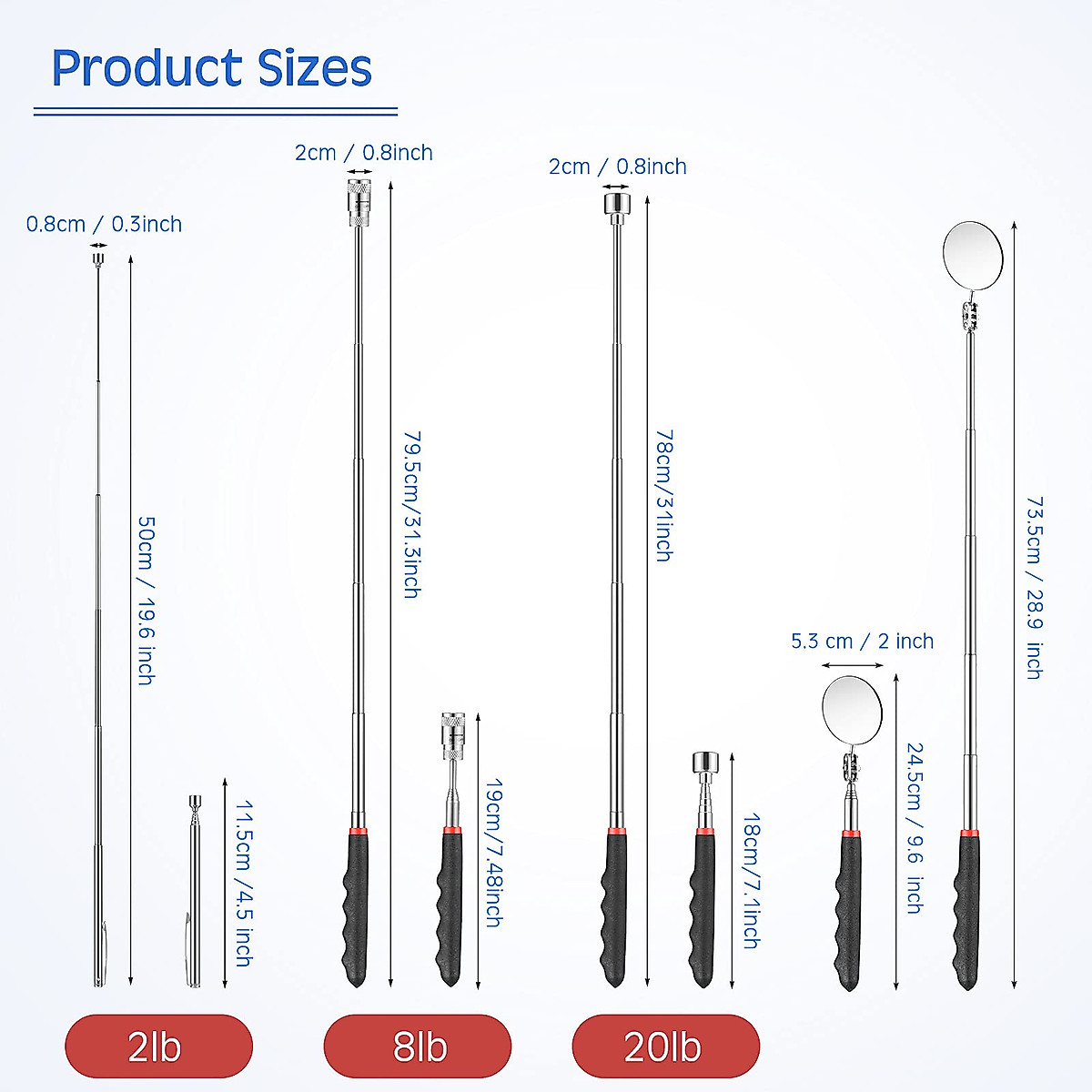Patelai 4 Pcs Telescoping Magnet Tool Inspection Mirror Set with 2 lb 20 lb Magnetic Pickup Tool 8 lb LED Light Telescoping Magnet Stick Gadget 360 Swivel for Valentine's Father Day Men Gift Birthday