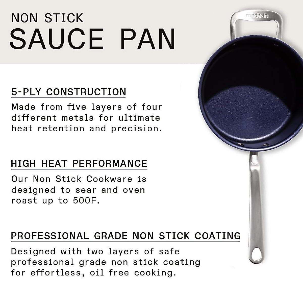 Made In Cookware - ProCoat 4 Quart Non Stick Sauce Pan Without Lid - Harbour Blue - 5 Ply Stainless Clad Nonstick Saucepan - Professional Cookware - Crafted in USA - Induction Compatible