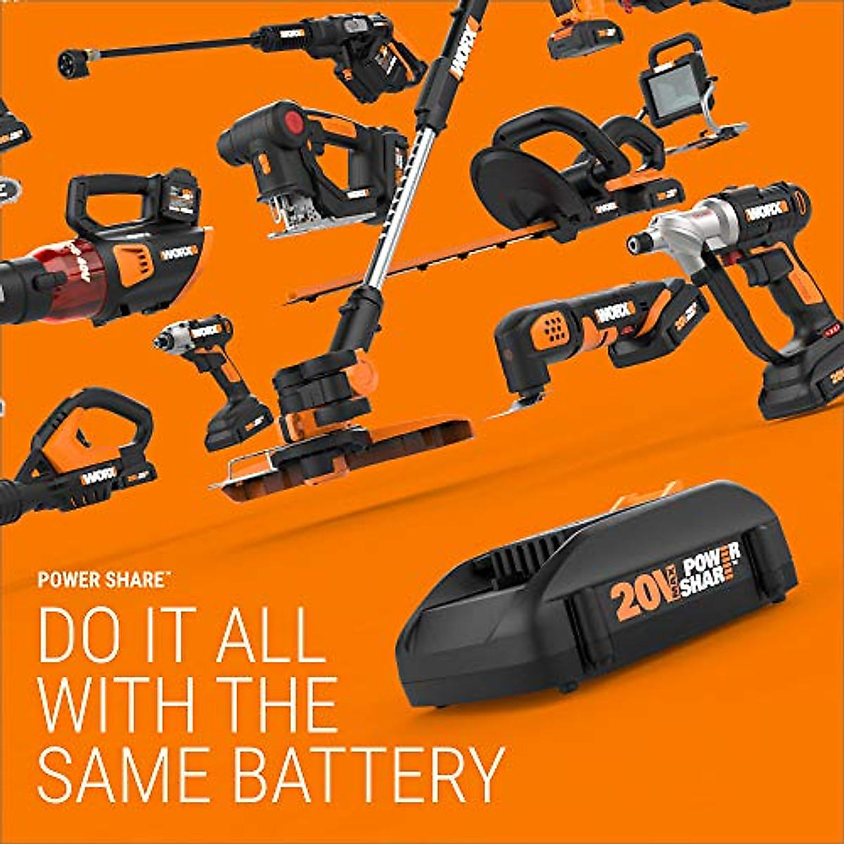 WORX WG801 20V Power Share 4" Cordless Shear and 8" Shrubber Trimmer (Battery & Charger Included) and WA3875 20V Li-ion Dual Port 2 Hour Charger
