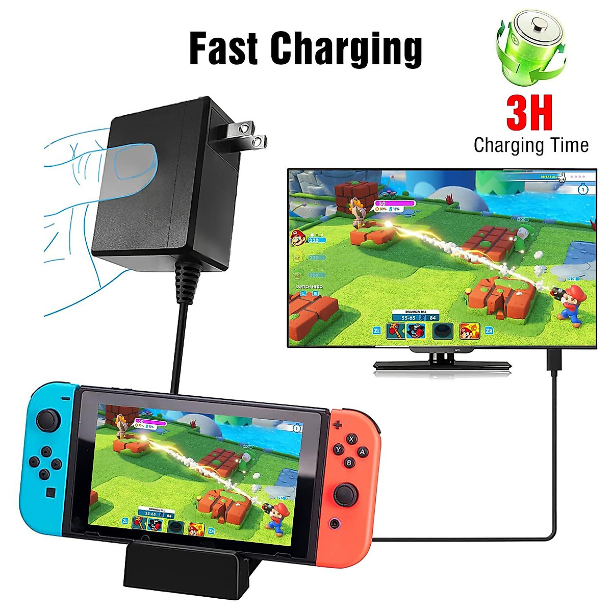 Switch Charger for Nintendo Switch, Switch AC Adapter Power Cord, Charger Cable 15V/2.6A,5V 1.5A Compatible with Nintendo Switch/Switch OLED/Switch Lite Supports TV Mode and Docking Station (Black)