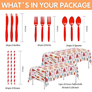 HIPVVILD Circus Theme Party Decorations Tableware, Carnival Party Supplies, Plate, Cup, Napkin, Tablecloth, Cutlery, Straw, Circus Carnival Theme Party Decorations For Birthday Baby Shower | Serve 24