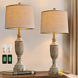 OYEARS 27.5” 3-Way Dimmable Touch Control Dual USB Table Lamp Set of 2 Modern Retro Farmhouse Vintage Lamps Resin Bedside Lamp for Living Room Bedroom Home Office(2 Bulbs Included)