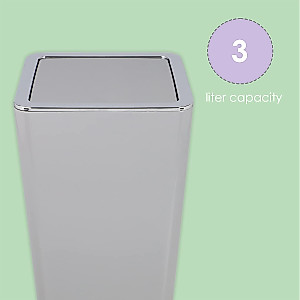 Home Basics Mini Garbage Can with Swing Top Push Lid 3 Liter Square Plastic Trash Bin with Chrome Trim | Ideal for Office, Bathroom, Bedroom, Laundry Room, Grey