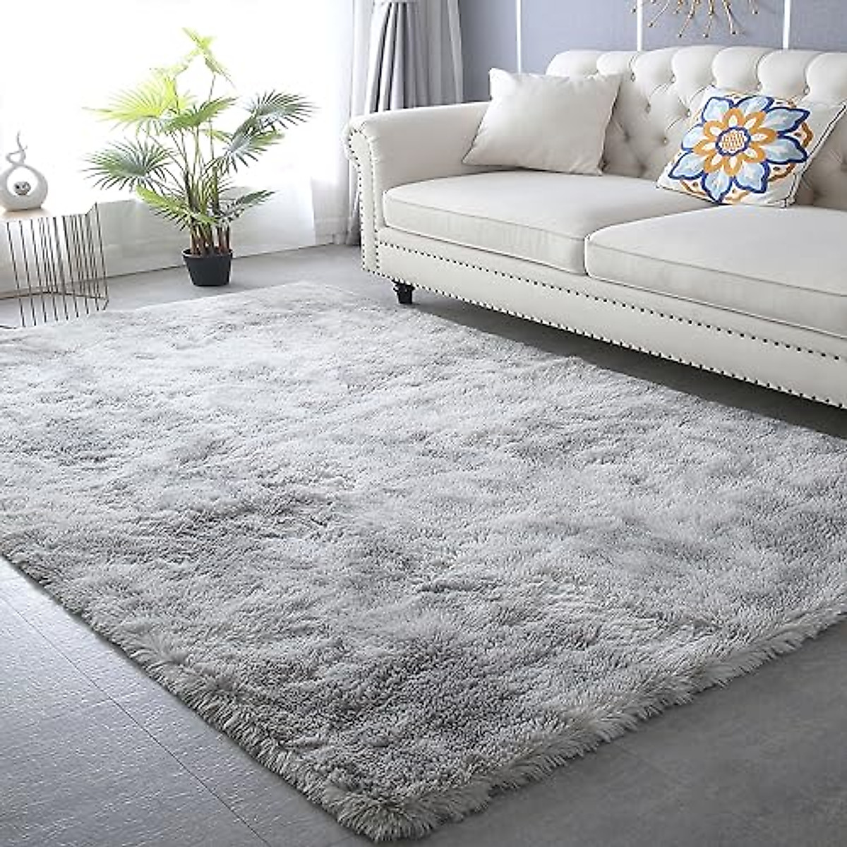 Grey Shag Area Rug 9x12 - Large Soft Fluffy Plush Grey Rugs for Bedroom Living Room - Non Slip Modern Shaggy Fuzzy Floor Carpet,Tie-dyed Light Gray,