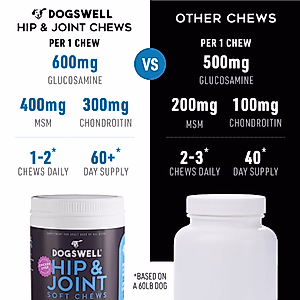 DOGSWELL Hip and Joint Supplement for Dogs - Soft Chews with Glucosamine, Chondroitin, MSM, Boswellia & Turmeric, 1 Pound