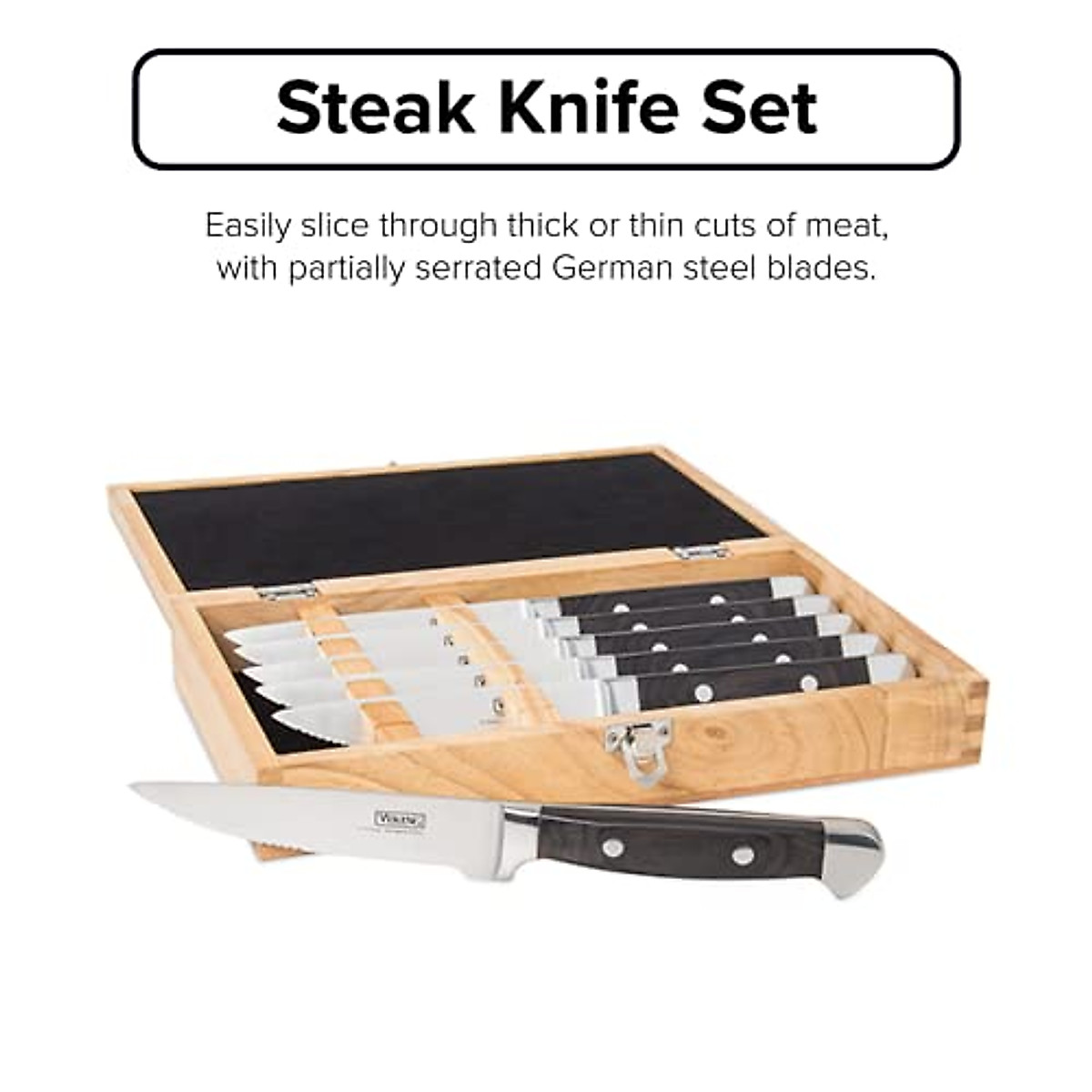 Viking Culinary German Stainless Steel Pakkawood Steak Knife Set, 6 Piece, Includes Wooden Gift Box, Handwash Only, Water & Stain Resistant Handles, Black