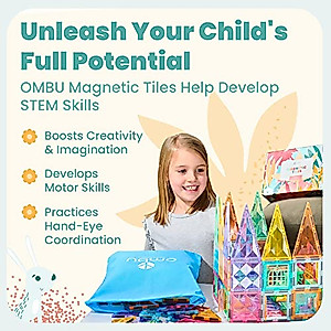 OMBU Pastel Magnetic Tiles for Kids, 102 Pieces - STEM Toy, Magnetic Building Blocks for Kids - Textured Magnet Tiles for Kids with Storage Bag