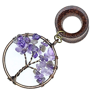 0G 8mm Amethyst Tree of Life Wood Dangle Ear Gauges Piercing Flesh Tunnels Plugs Stretching Kit Expander