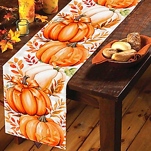 Netnology Pumpkins Leaves Fall Table Runner, White and Gray Buffalo Plaid Thanksgiving Table Runner, Seasonal Farmhouse Indoor Decor Autumn Decorations for Home 13 x 72 Inch
