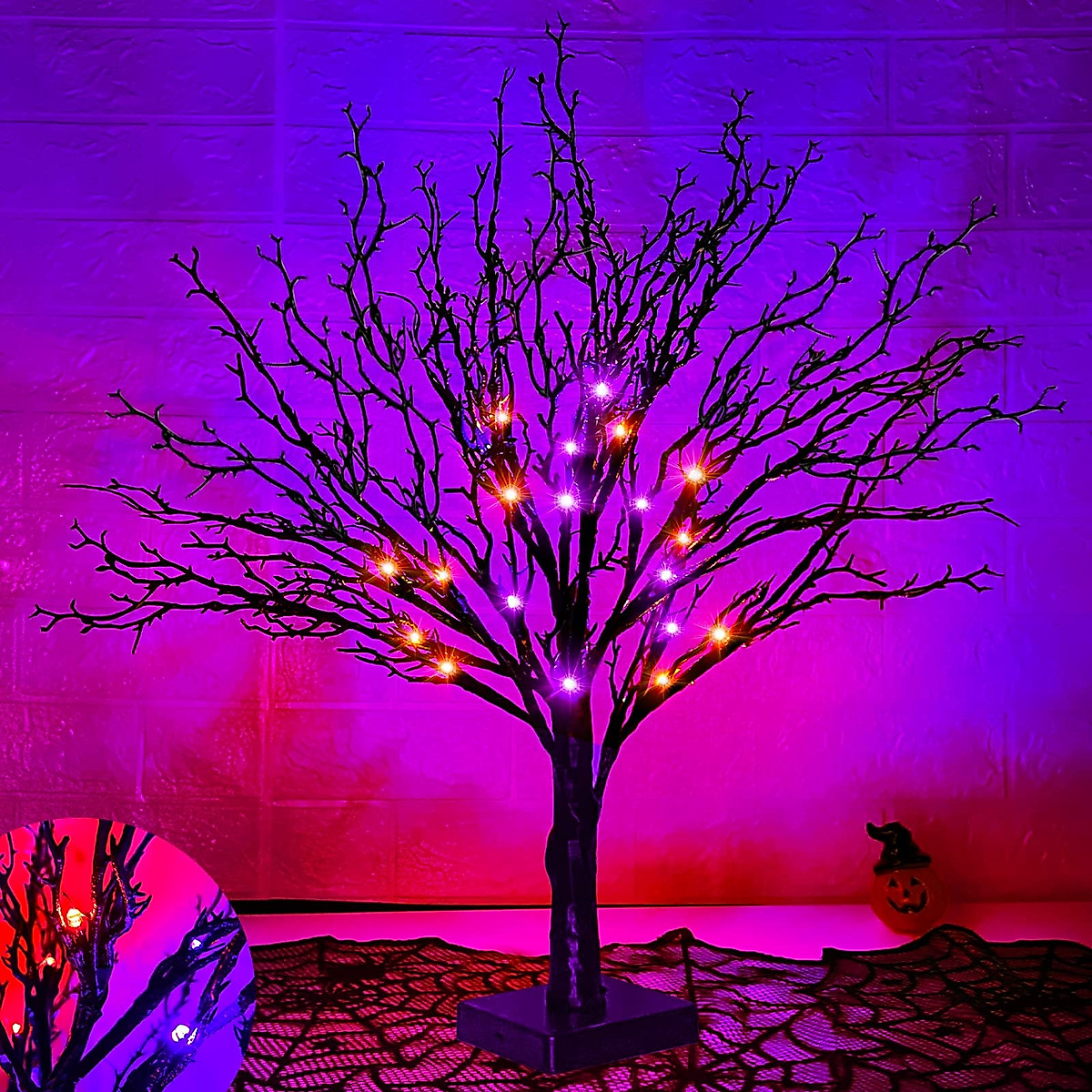 [ Timer ] 24 Inch Orange & Purple Lighted Halloween Tree with 24 LED Black Twigs Tree Lights Battery Operated Tabletop Halloween Spooky Tree Decorations for Indoor Home Party Holiday Festival Decor