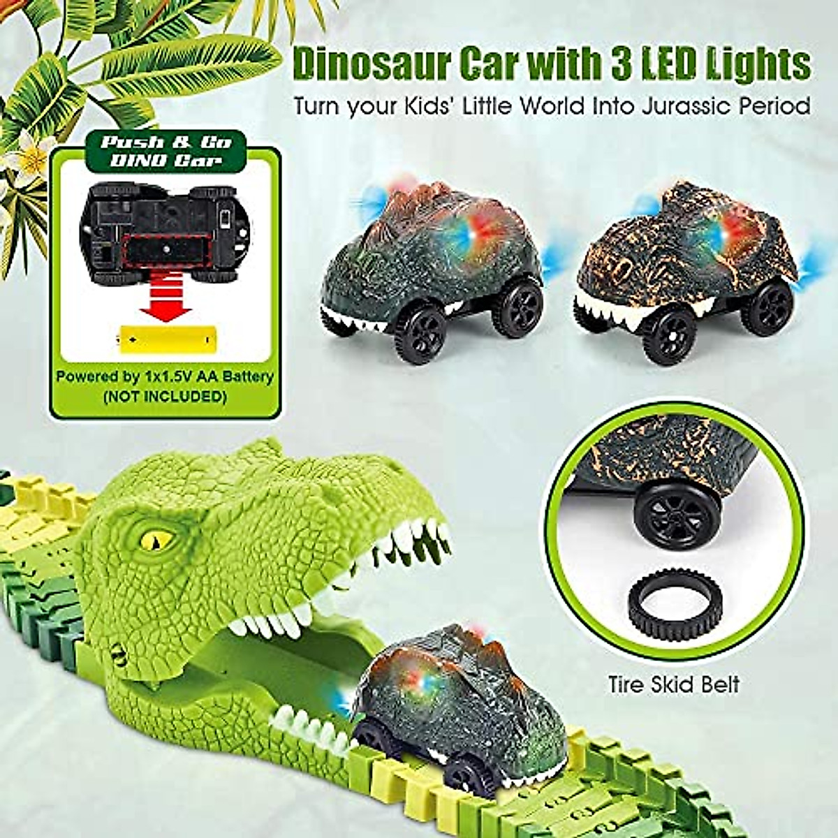 174 PCS Flexible Dinosaur Train Tracks and Race Cars Playset with 8 Dinosaurs Figures, Electric Vehicles, Lights - Create Road Racing World for Toddlers and Kids