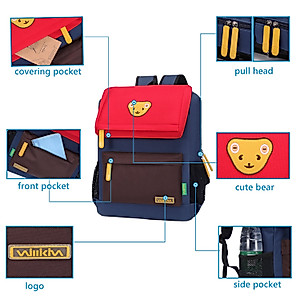 Willikiva Cute Bear Kids School Backpack for Children Elementary School Bags Girls Boys Bookbags (Red/Coffee/Royalblue, Small)