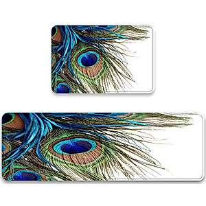 Peacock Feather Kitchen Rug Set of 2 Watercolor Colorful Peacock Feathers Eyes Oriental Comfort Standing Floor Mat Anti Fatigue Non Skid Washable Doormat Bathroom Runner Rugs Bedroom Area Carpet