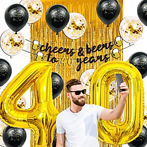 40th Birthday Decorations for Men, 40 Birthday Decorations with 40 Inch Gold 40 Number Balloons, Cheers to 40 Years Banner,Fringe Curtains and Cups Foil Balloons