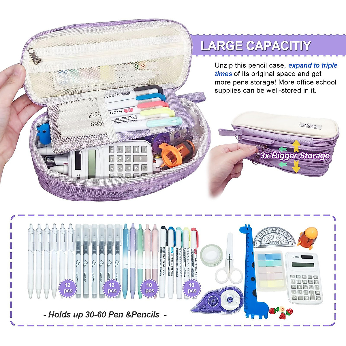 Namii W Pencil Case Large Capacity Pouch Bag with Zippers, Expandable Pen Bag Storage Holds 50-100 Pencils, Colors Pencil Box Organizer Case Office School Supplies for Girls Boys Adults(Purple)