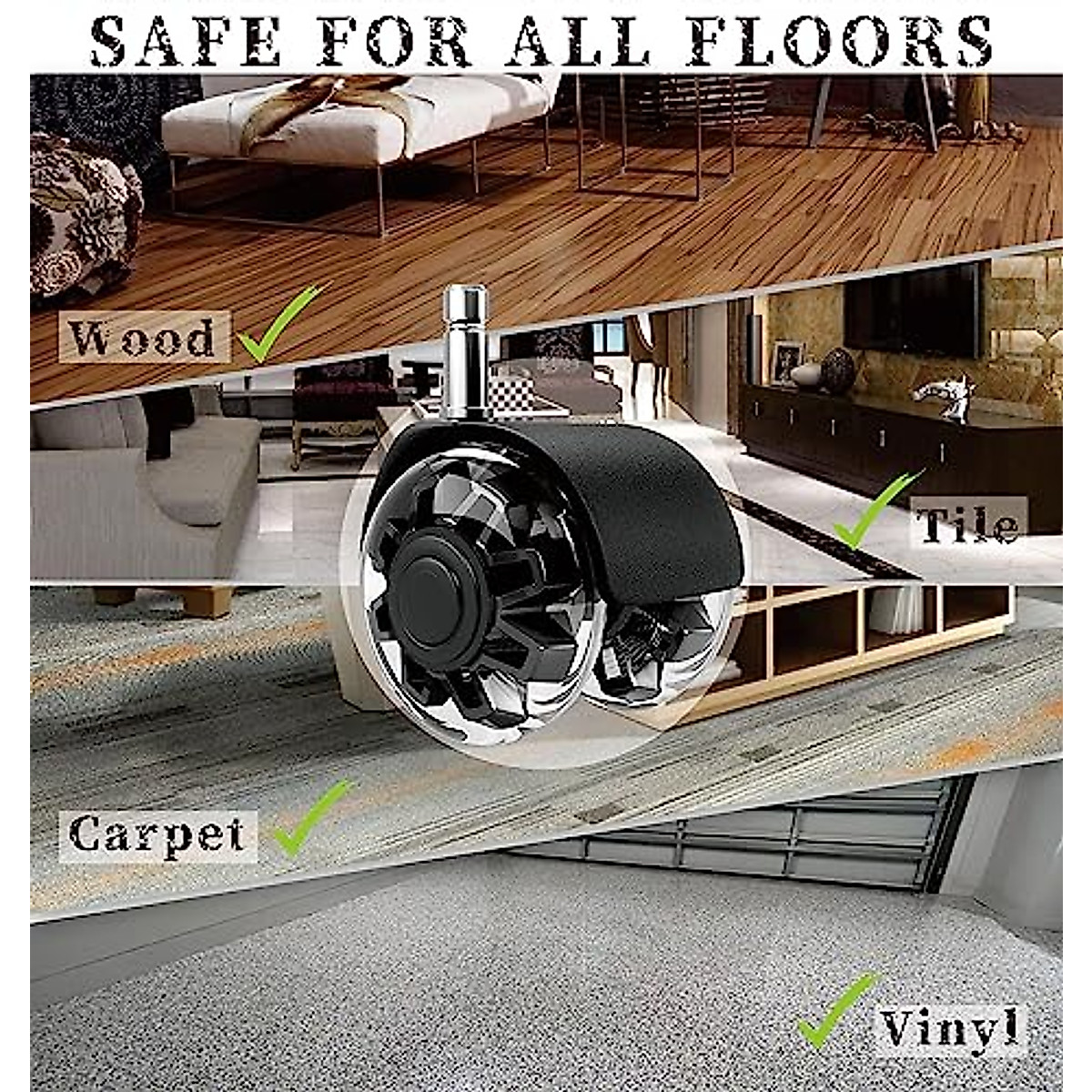 Office Chair Casters-Popolov 2 Inch Replacement for All Floors, Heavy Duty and Quiet Smooth Rollerblade Style Computer Gaming Desk Chair Wheels, Universal Caster Wheels Size, Set of 5