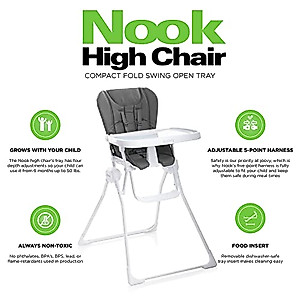 Joovy Nook High Chair Featuring Four-Position Adjustable Swing Open Tray, and Removable, Dishwasher-Safe Tray Insert for Easy Cleaning - Folds Down Flat for Easy Storage (Charcoal)